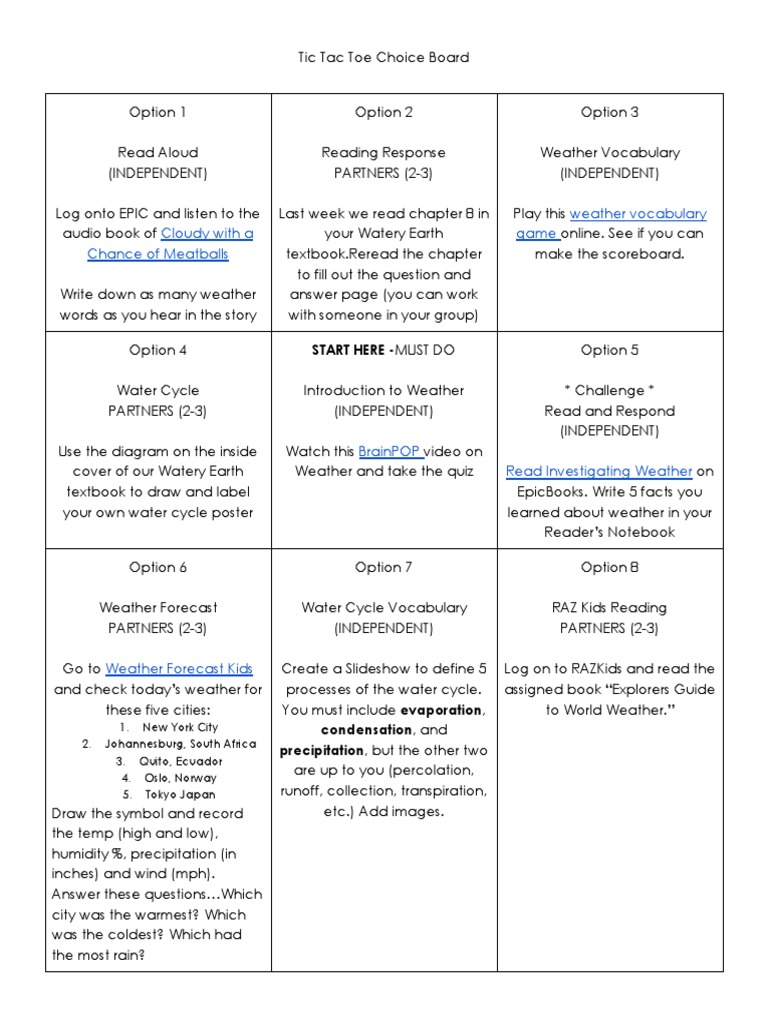 Tic Tac Toe Choice Board | PDF | Water Cycle | Weather