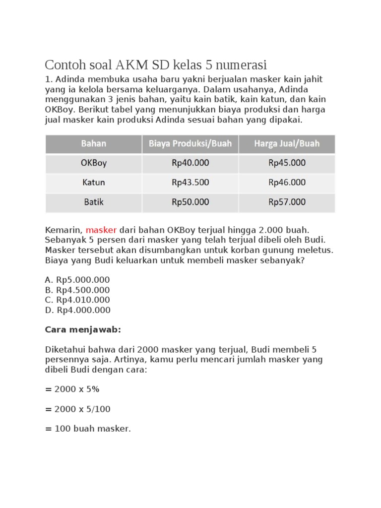 Contoh Soal AKM SD Kelas 5 Numerasi (PDF - Io) | PDF