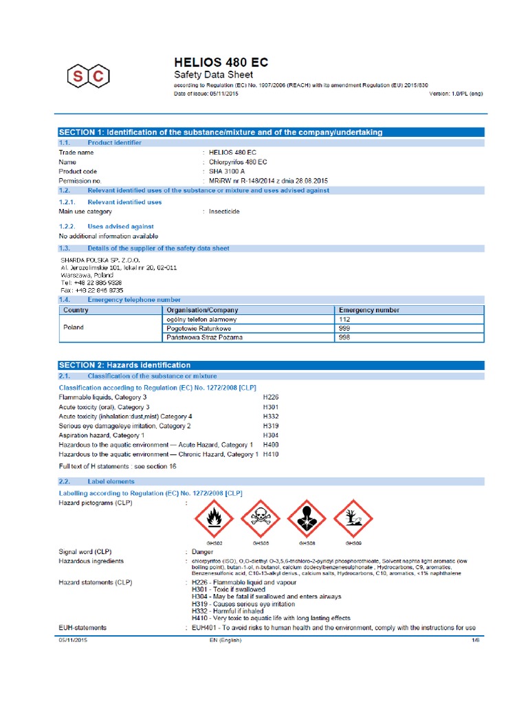 Helios 480 EC MSDS | PDF | Toxicity | Firefighting