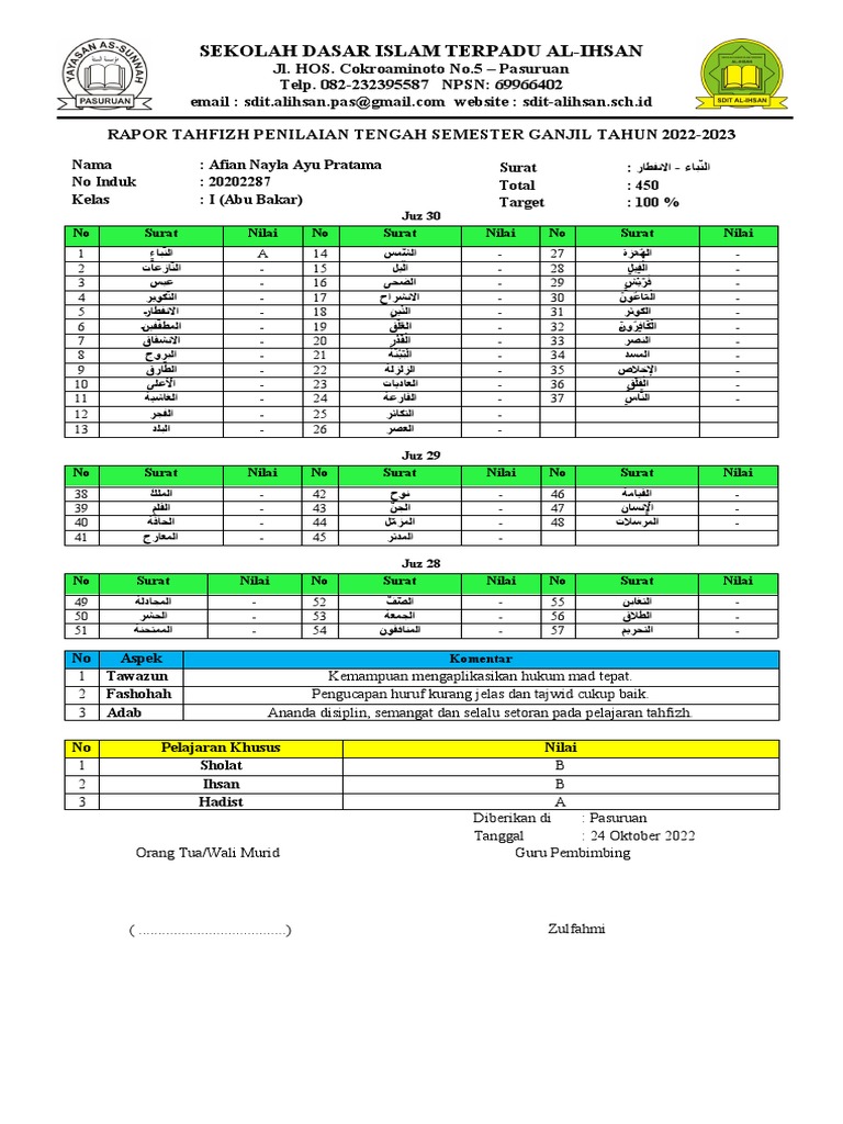RAPORT TAHFIZH Kelas 1 PTS Semester Ganjil 2022-2023 | PDF