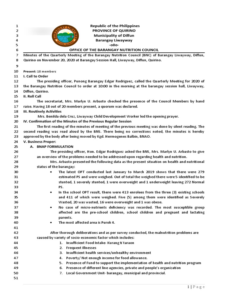 BNC Minutes April 2020 | PDF | Malnutrition | Obesity
