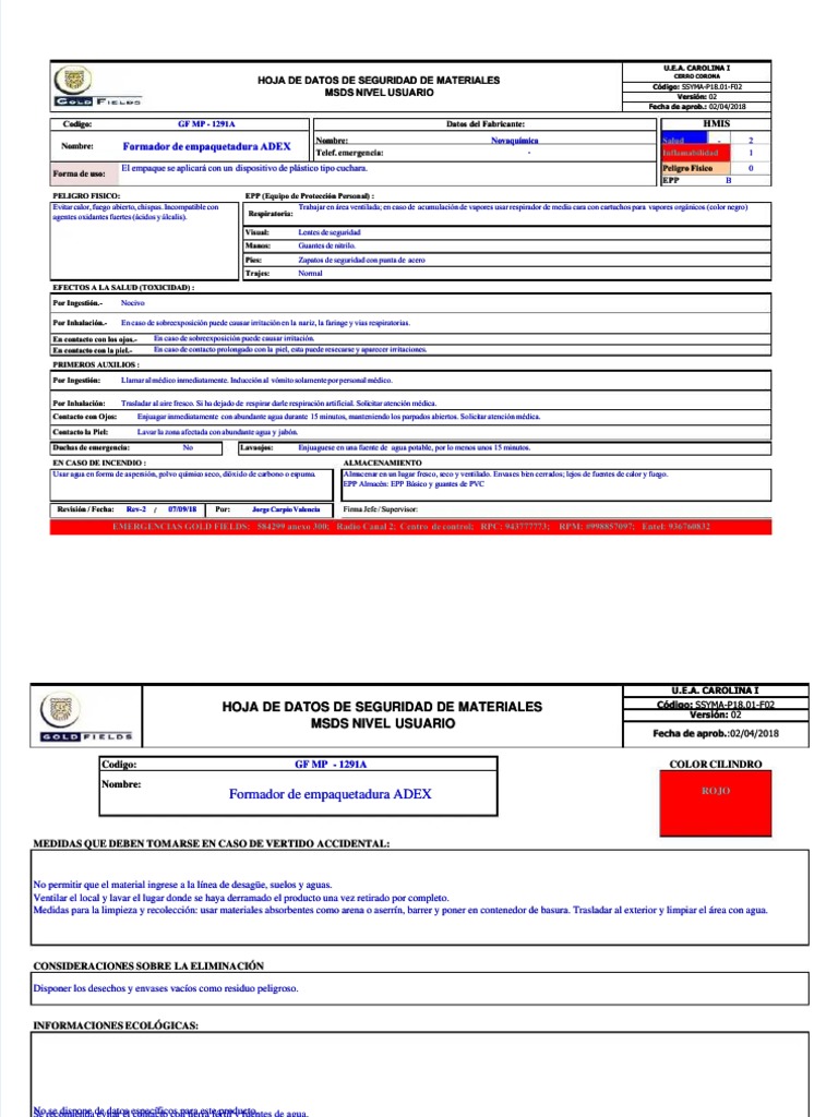 Msds Formador Empaquetaduras Adex PDF | PDF | Agua | Residuos