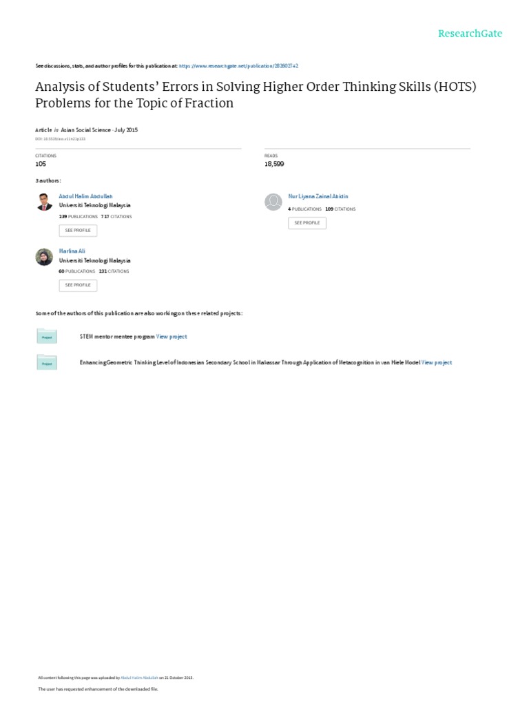 Analysis of Students' Errors in Solving Higher Order Thinking Skills ...