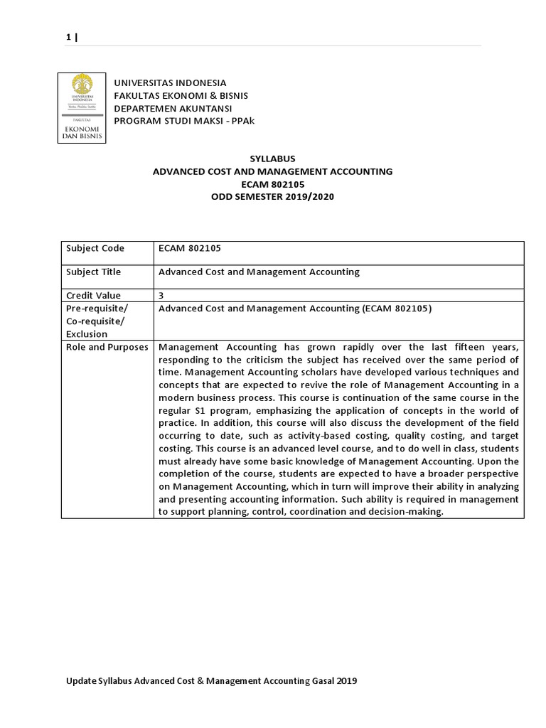 Update Syllabus Advanced Cost & Management Accounting Gasal 2019 | PDF ...