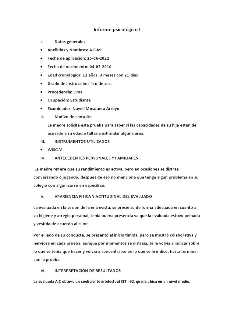 Informe Psicológico WISC V | PDF | Cociente de inteligencia | Memoria