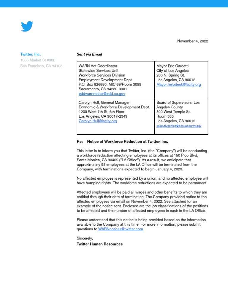 Twitter LA Office Layoffs Notice | PDF | Employment | Layoff