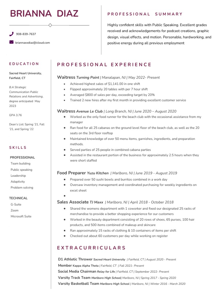 Brianna Resume | Download Free PDF | Waiting Staff
