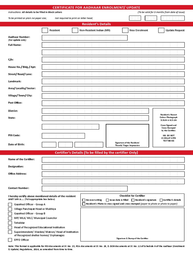 Certificate For Aadhaar Enrolment Update Pdf Written Communication