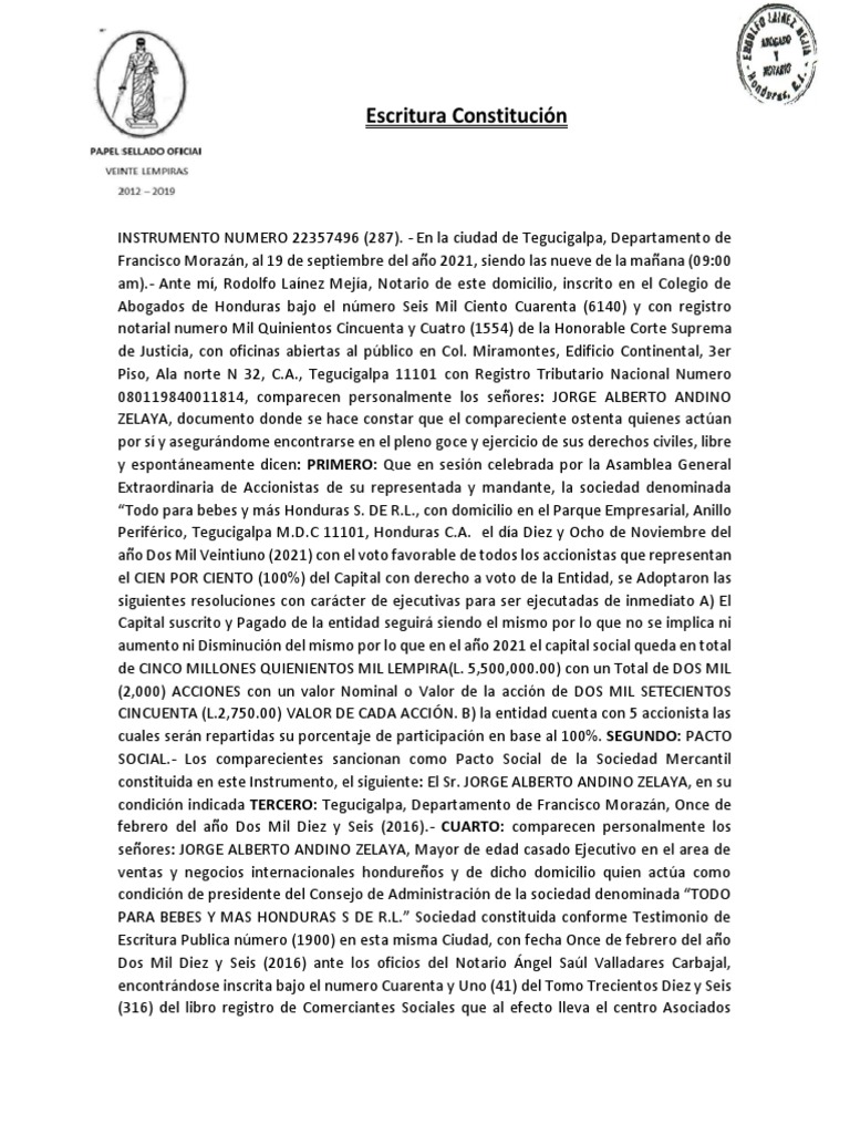 Escritura Constitución Sociedad de Responsabilidad Limitada de Capital Variable | PDF | Sociedad ...