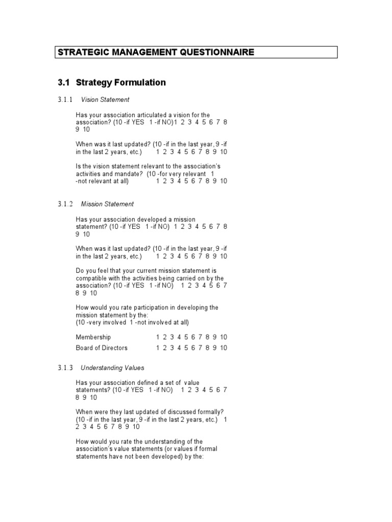 Strategic Management Questionnaire: Vision Statement | PDF | Swot ...