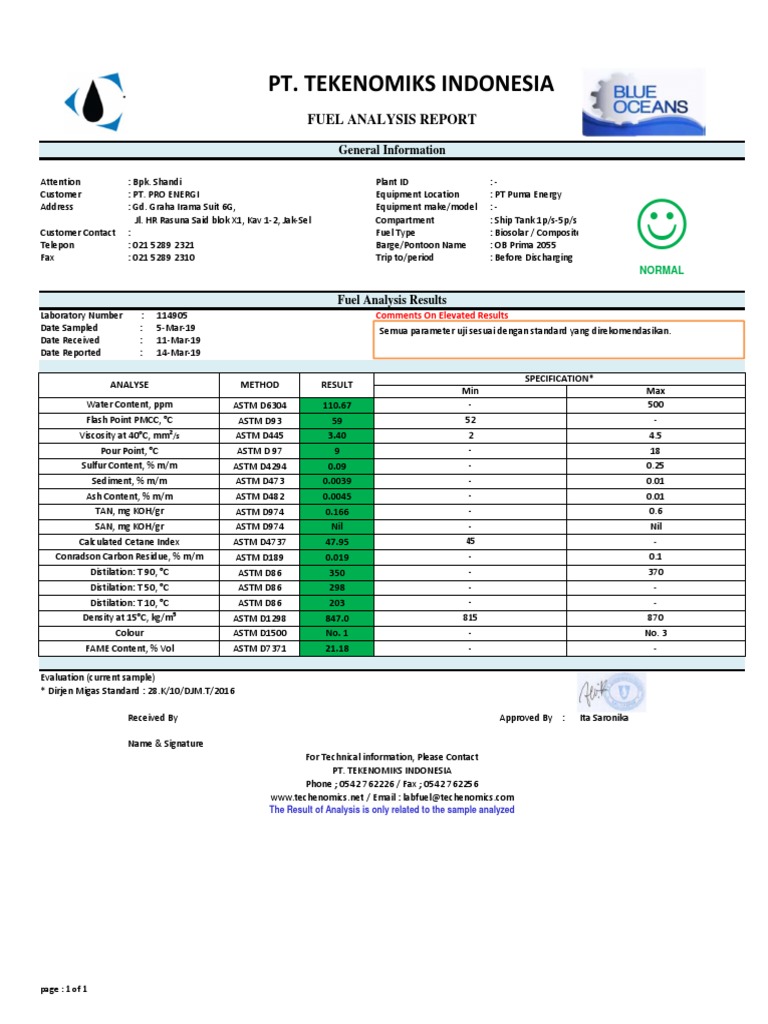 Fuel Analysis Report for PT. PRO ENERGI | PDF | Chemistry