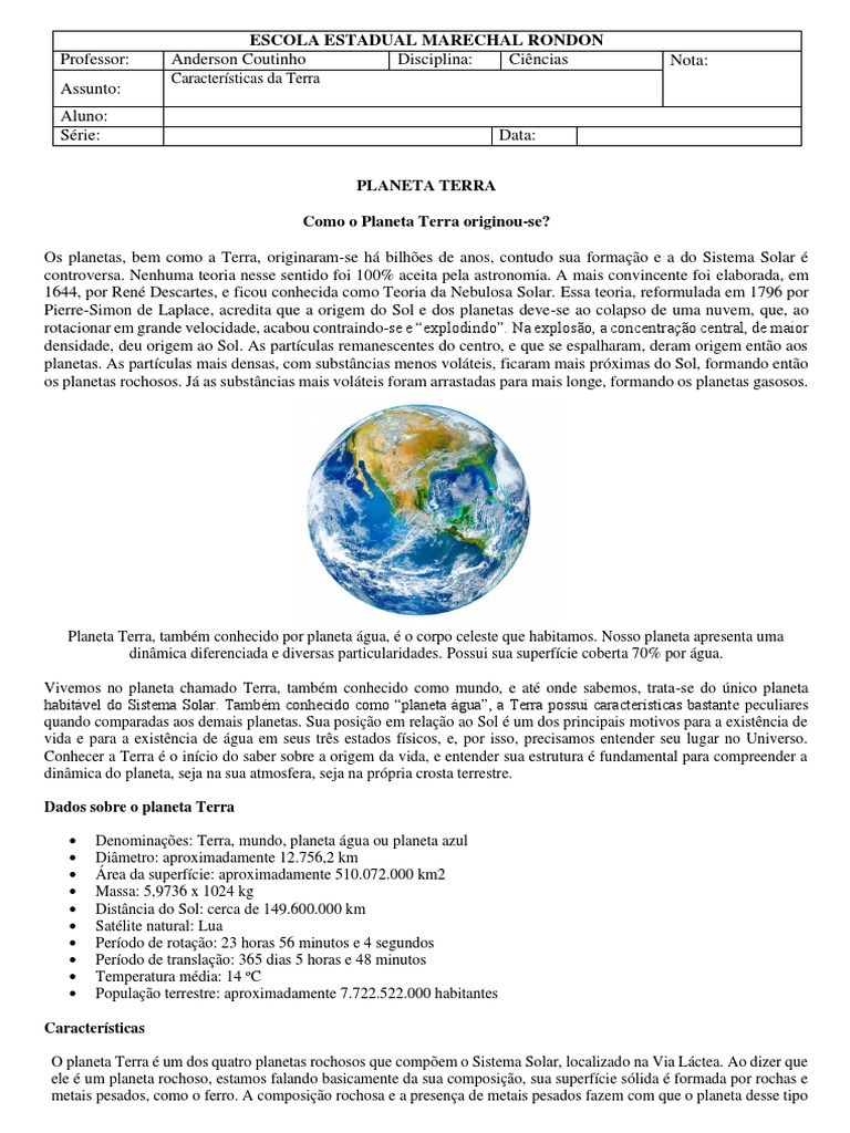 Atividade 1 Carcterísticas Da Terra 6 e 7 Ano | Download grátis PDF | Terra | Sistema Solar