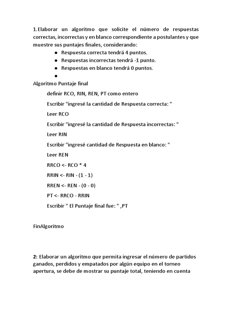 2: Elaborar Un Algoritmo Que Permita Ingresar El Número de Partidos | PDF | Algoritmos y ...