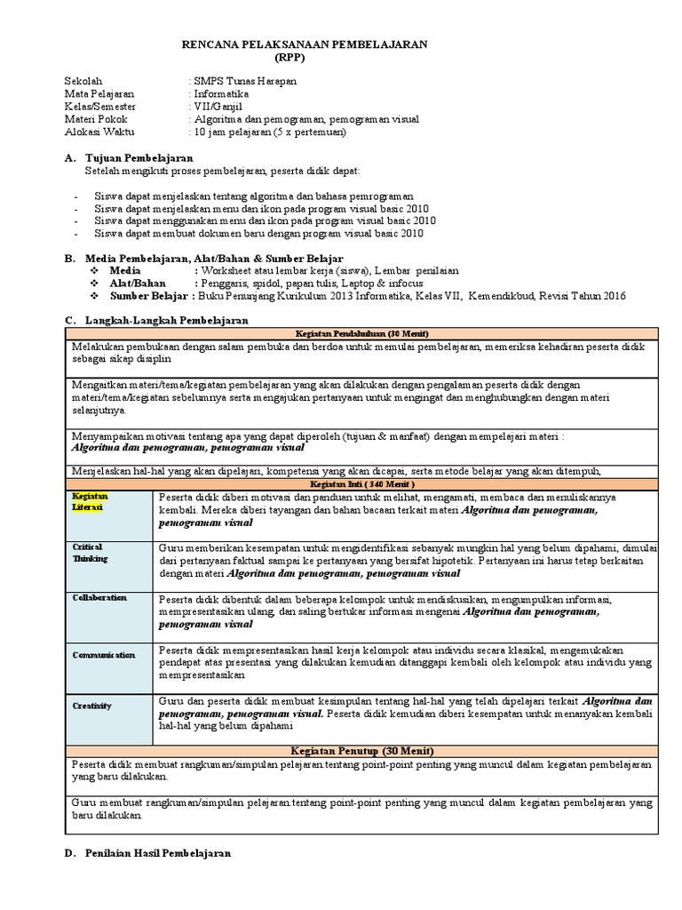 RPP 1 Lembar Tik 7 3 | PDF | Seni