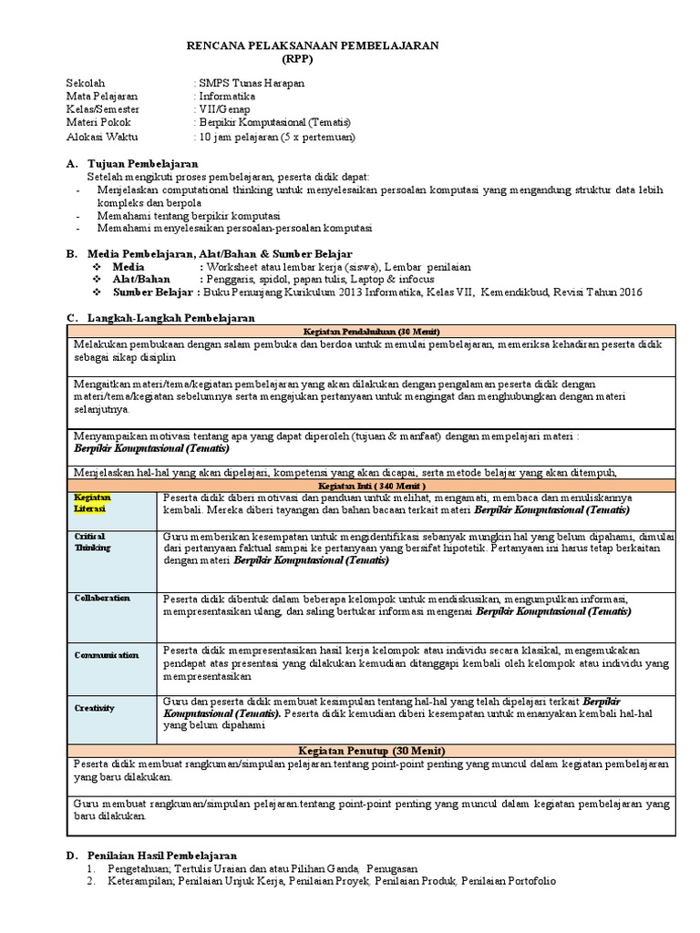 RPP 1 Lembar Tik 7 5 | PDF