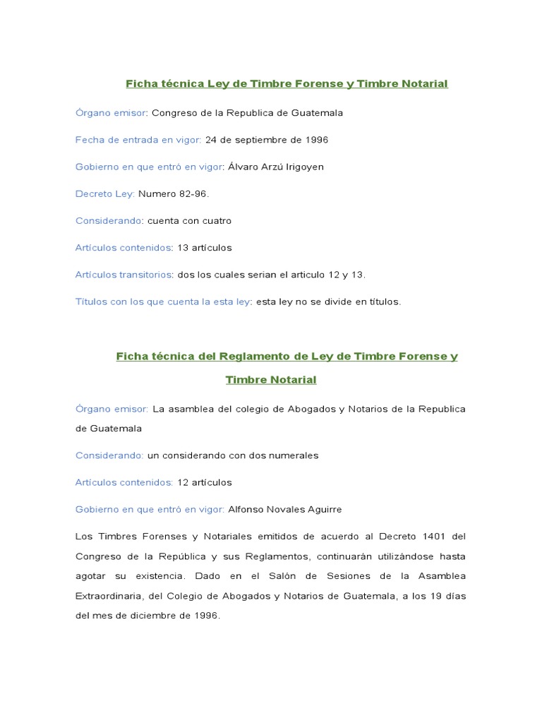 Ficha Técnica Ley y Reglas de Timbre Forense y Timbre Notarial | PDF | Impuestos | Guatemala