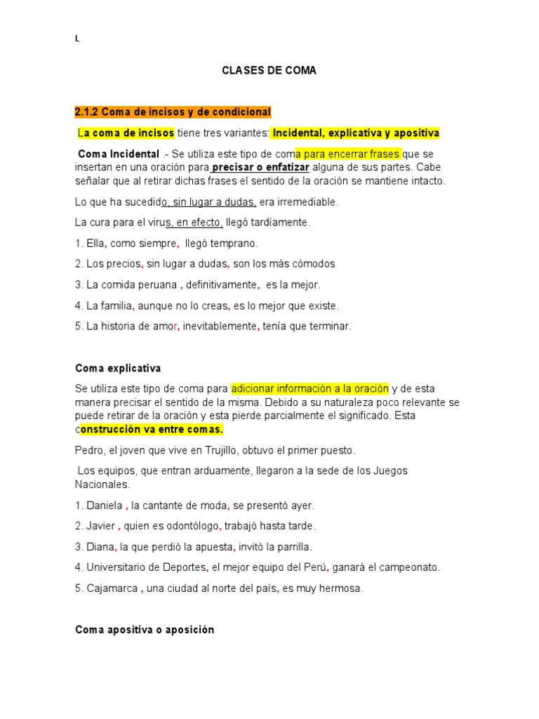 Tipos y Uso de la Coma en Oraciones | PDF