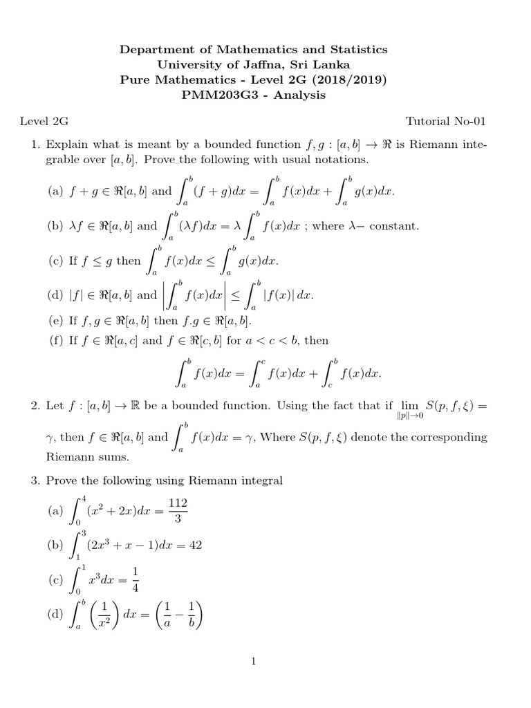 Riemann Integral Tutorial 01 | PDF | Function (Mathematics) | Integral Riemann Integral Tutorial 01 | PDF | Function (Mathematics) | Integral