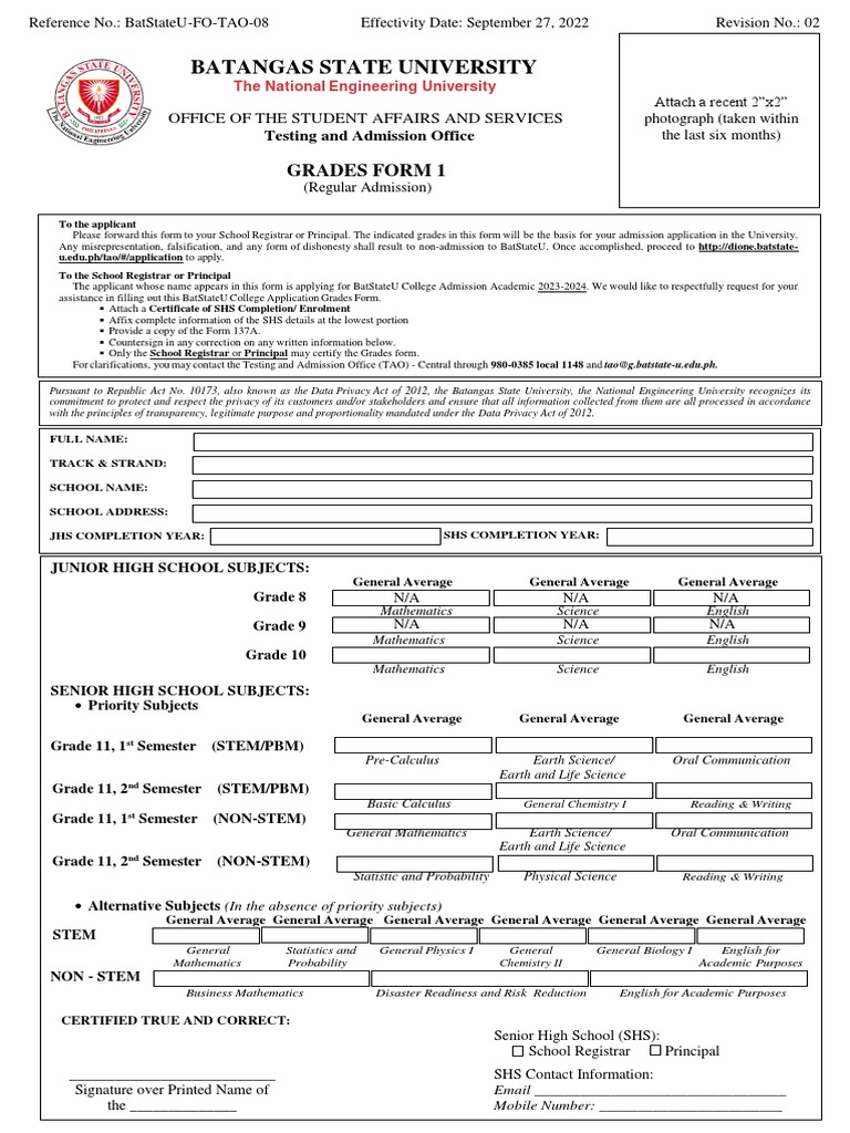 BatStateU FO TAO 08 - Grades Form 1 Regular Admission - Rev. 02 1 | PDF ...