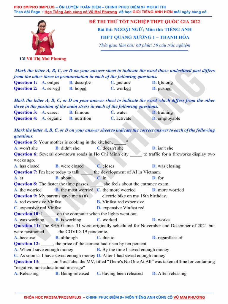 (Cô Vũ Mai Phương) Đề thi thử tốt nghiệp THPT 2022 THPT Quảng Xương 1 - Thanh Hóa | PDF