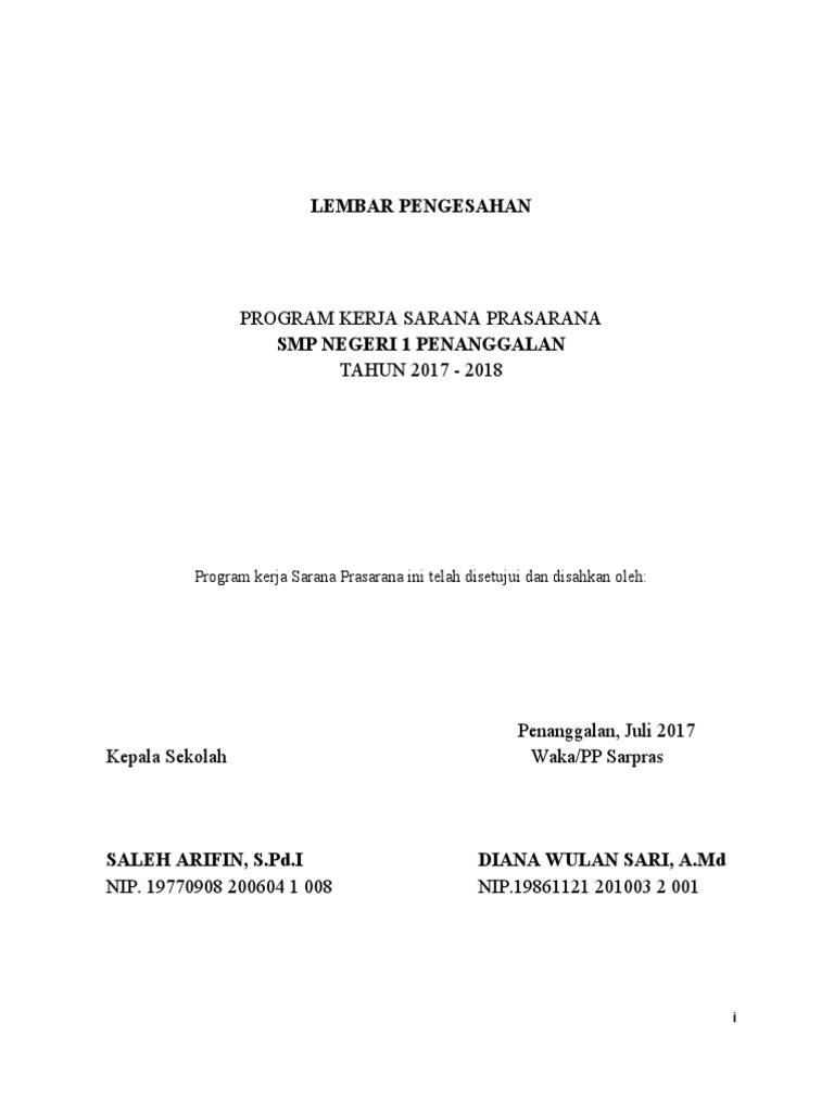 Lembar Pengesahan: Program Kerja Sarana Prasarana TAHUN 2017 - 2018 | PDF