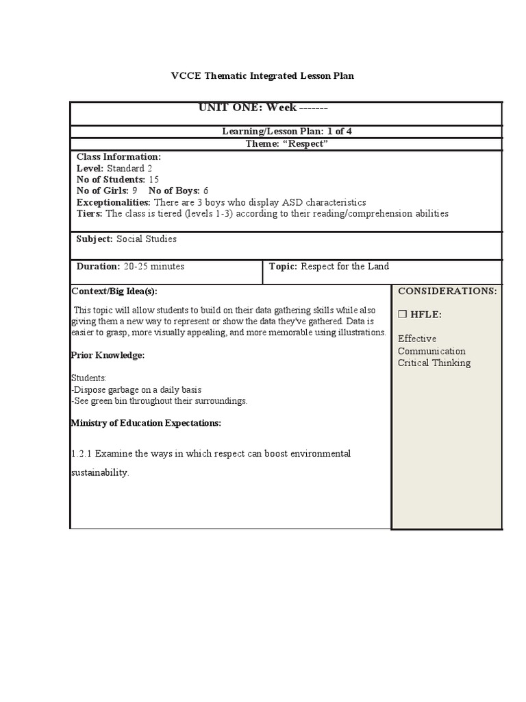 VCCE Thematic Integrated Lesson Plan | PDF | Learning | Lesson Plan