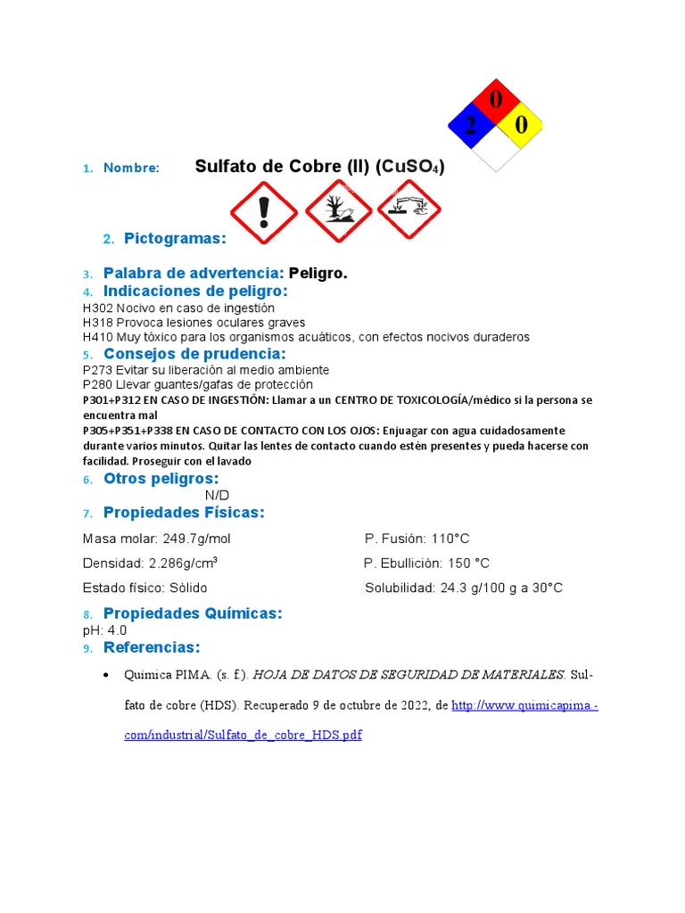 Hoja de Seguridad Del Sulfato de Cobre (LL) (CuSO4) | PDF | Ciencia y ...