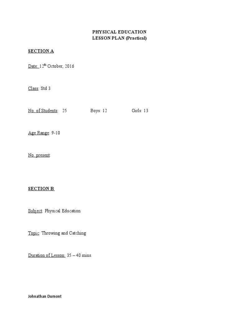 PE Practical Lesson Plan - Throwing and Catching Lesson | PDF ...