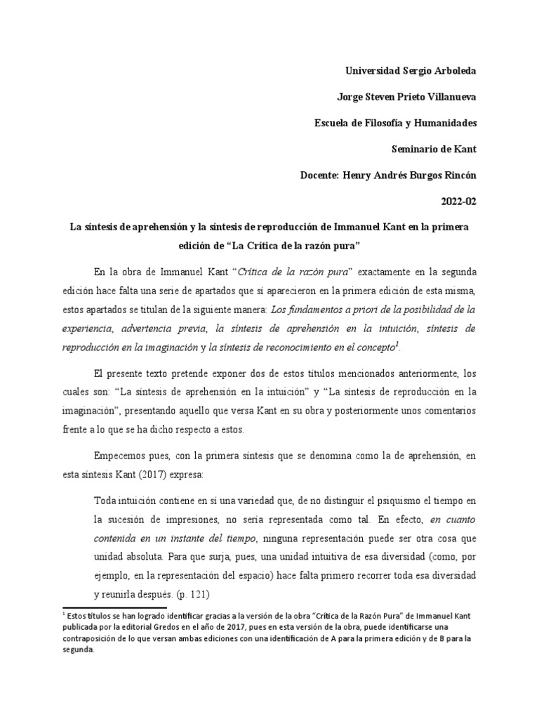 Síntesis de Aprehensión y Reproducción en Kant | PDF | Immanuel Kant ...