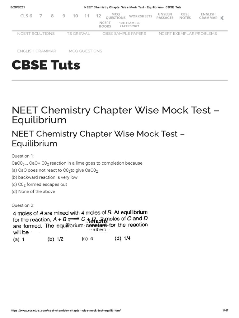 NEET Chemistry Chapter Wise Mock Test - Equilibrium - CBSE Tuts | PDF ...
