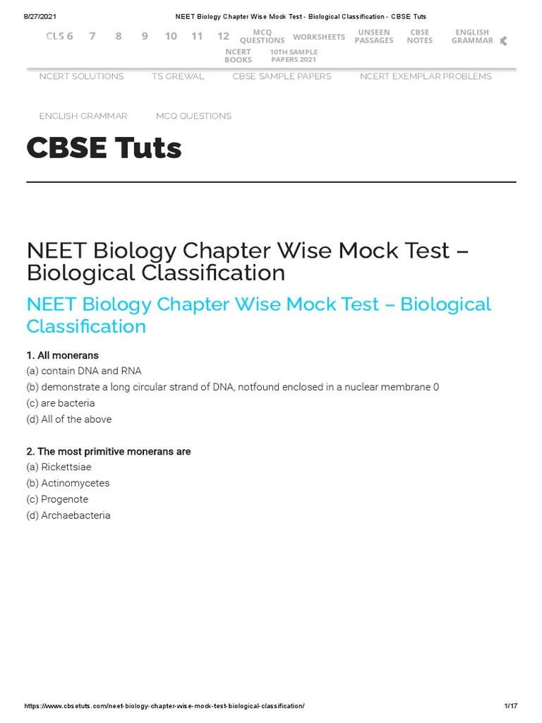 NEET Biology Chapter Wise Mock Test - Biological Classification - CBSE ...