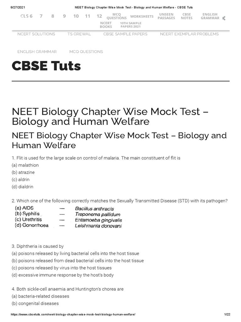 NEET Biology Mock Test on Biology and Human Welfare | PDF | Pesticide ...