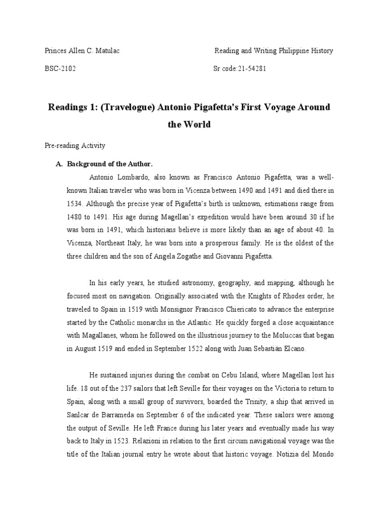 Travelogue of Pigafetta - Matulac Princes Allen - (BSC 2102) | PDF
