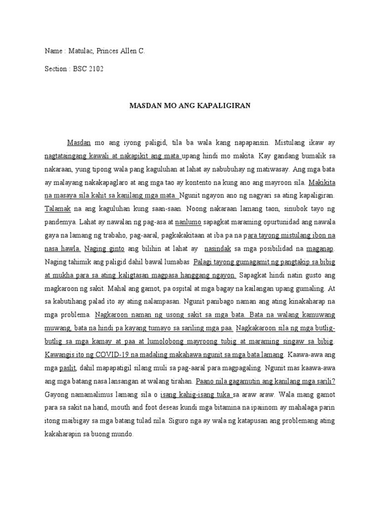Fili Essay Matulac Princes Allen BSC 2101 | PDF