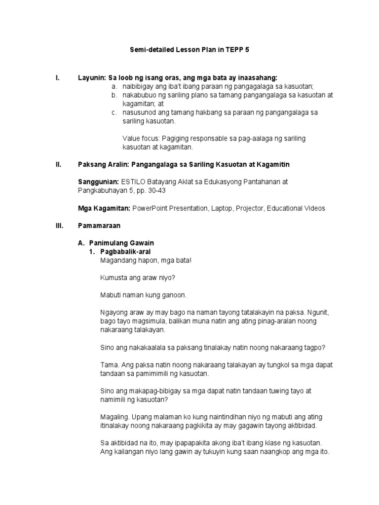Semi-Detailed Lesson Plan in TEPP 5 (10-27) | PDF