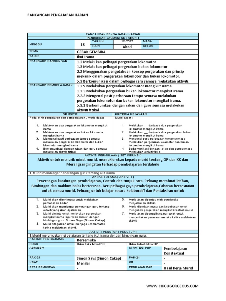 RPH Minggu 18 PJ THN 1 | PDF