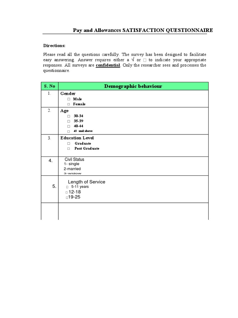 Pay and Allowances Satisfaction Questionnaire Survey | PDF
