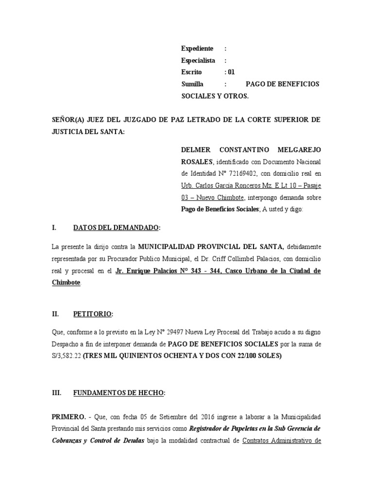 Demanda Beneficios Sociales. | PDF | Derecho laboral | Demanda judicial