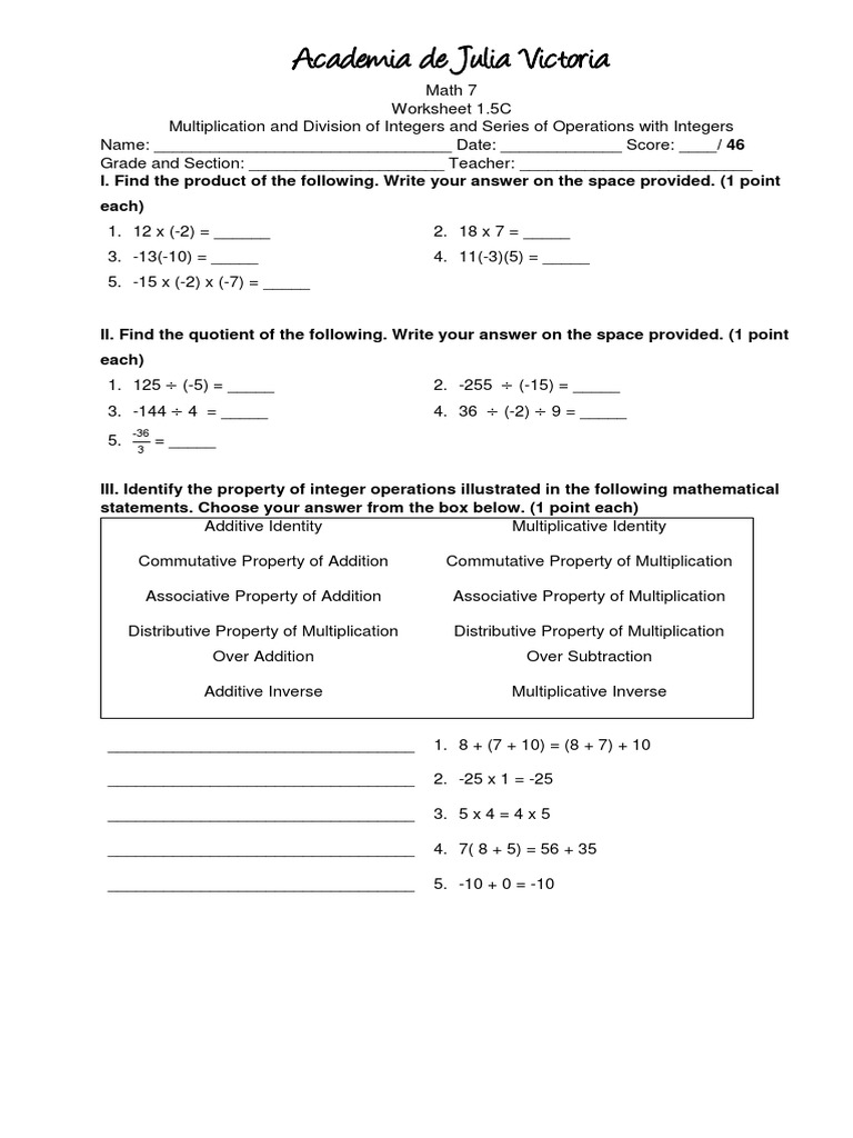 Math 7 Integer Operations Worksheet | PDF | Multiplication | Integer