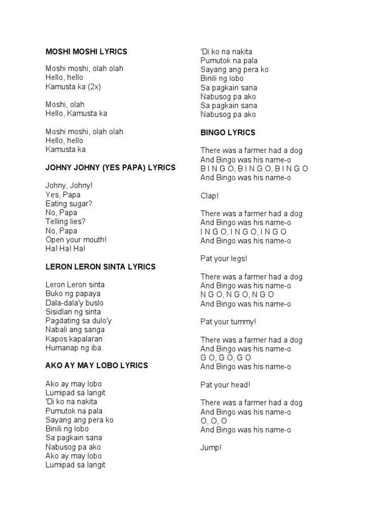 Moshi Moshi and Johny Johny Lyrics | PDF