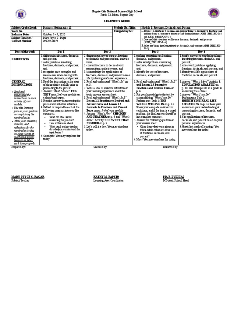 Learning-Plan-week-1. Business Math | PDF | Decimal | Learning