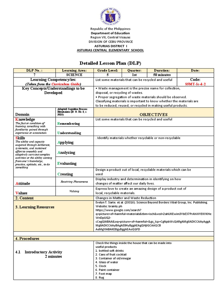 Lesson Plan on Recycling for Grade 5 Science | PDF | Reuse | Recycling