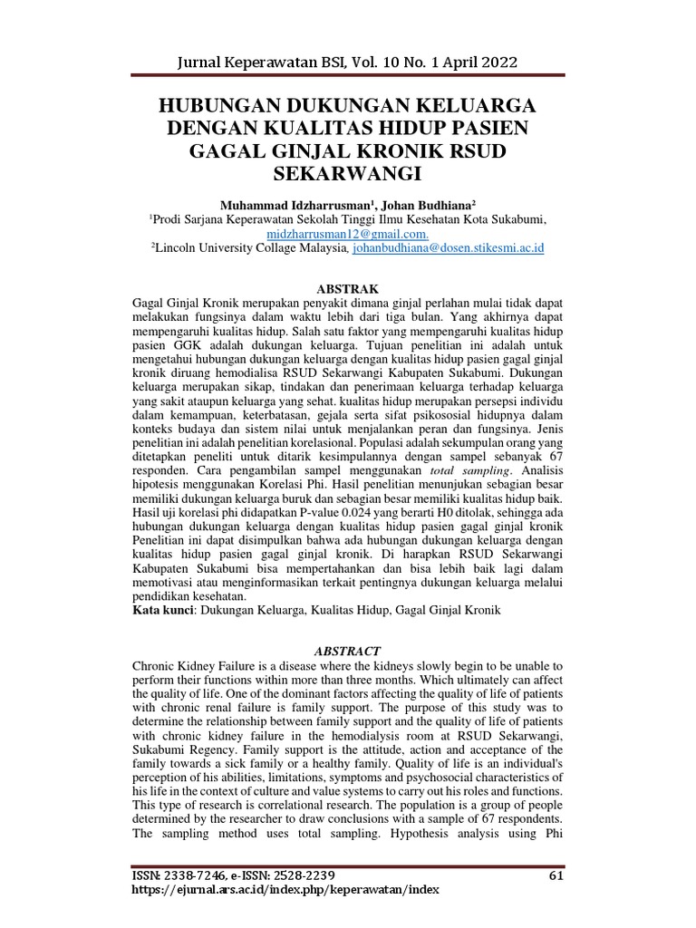 Hubungan Dukungan Keluarga Dengan Kualitas Hidup Pasien Gagal Ginjal Kronik Rsud Sekarwangi | PDF