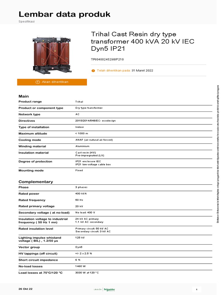 Trihal Cast Resin dry type transformer 400 kVA 20 kV IEC Dyn5 IP21 ...