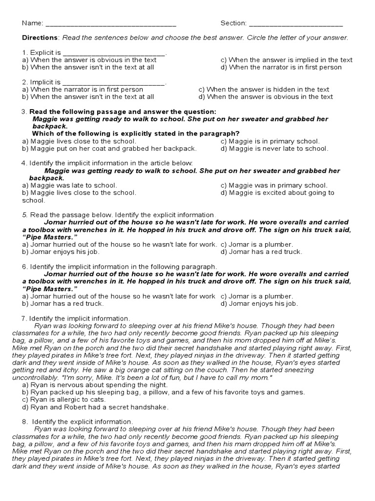 Worksheet Implicit Explicit Verbal Nonverbal | PDF | Communication ...