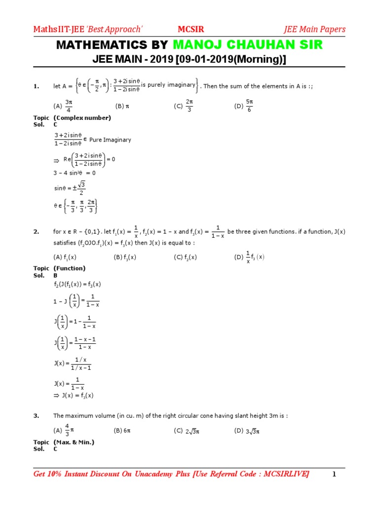 JEE Main 2019 PYQ | PDF | Trigonometric Functions | Mathematical Analysis