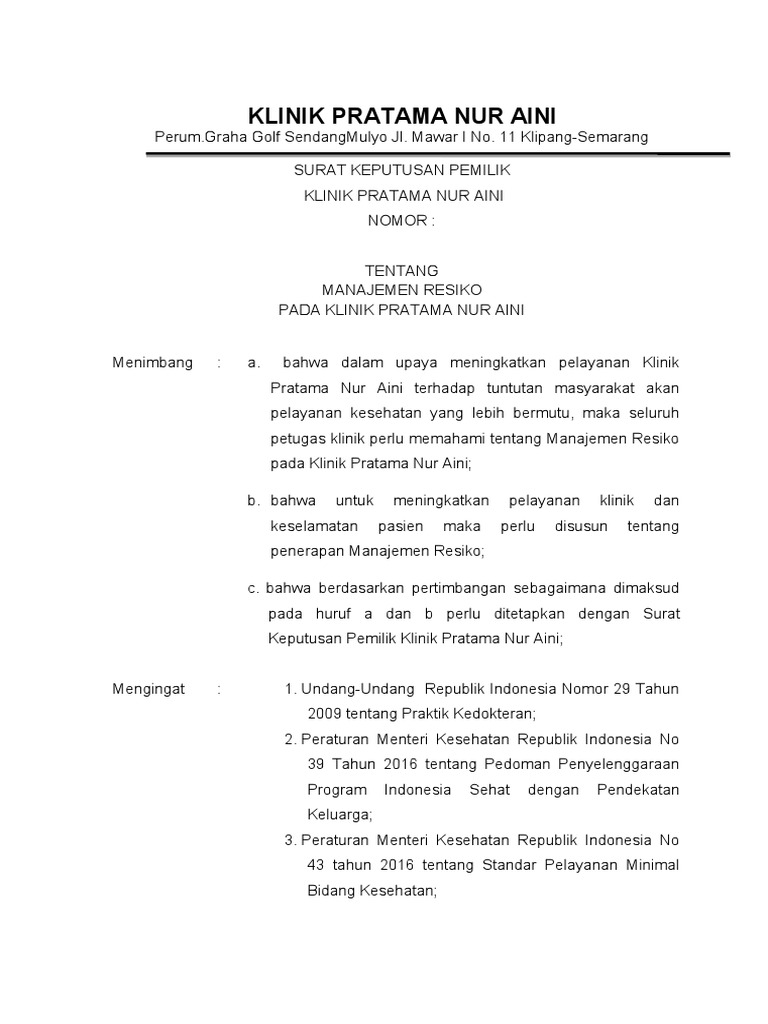 Manajemen Risiko Klinik Pratama Nur Aini | PDF | Pengembangan Diri