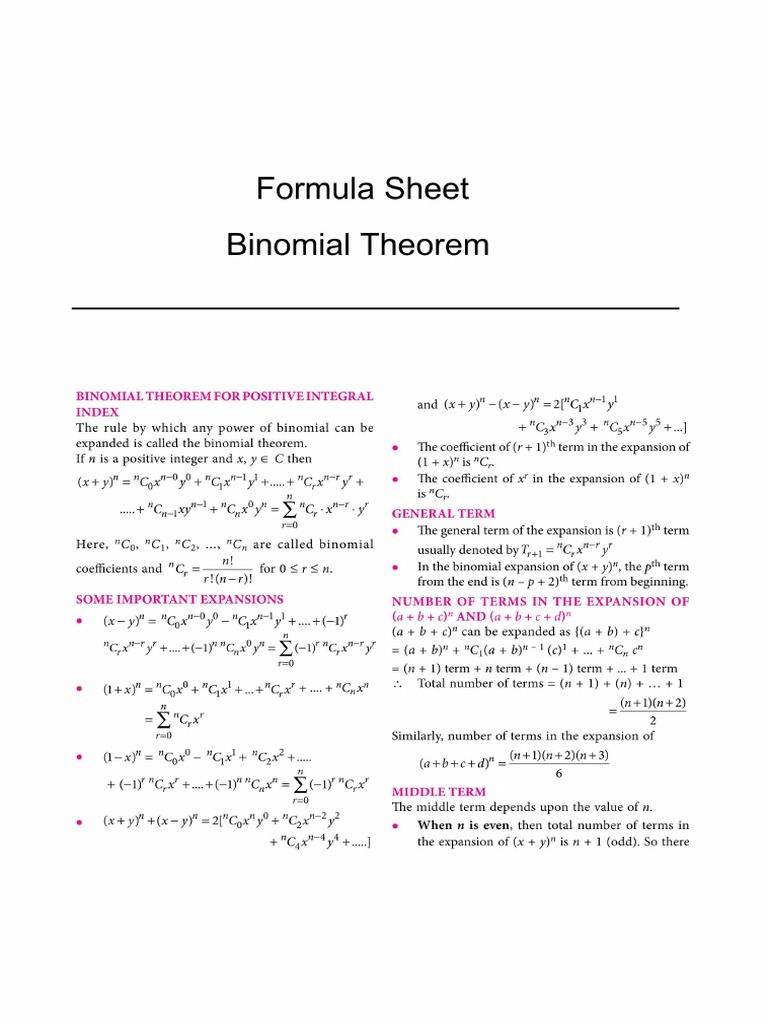 Binomial Theorem Short Notes | PDF