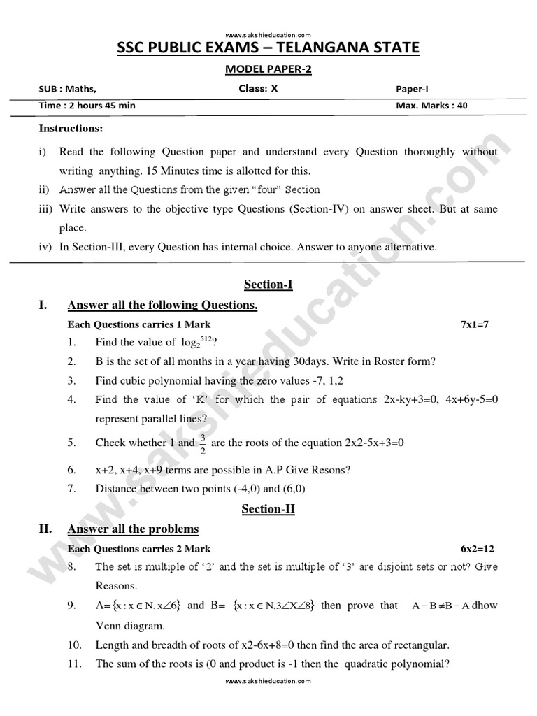 Telangana SSC Class 10 Maths Model Paper | PDF | Polynomial | Zero Of A ...
