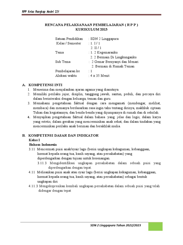 RPP Rangkap Kelas I Dan 2 | PDF